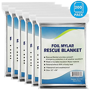 NOVAMEDIC Emergency Foil Mylar Thermal Blankets - Pack of 200, 84"x52", Individually Wrapped, Waterproof Survival Blanket for Camping, Outdoors, First Aid Kit & Travel, Lightweight & Compact, Silver