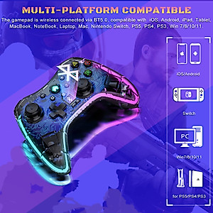 Megadream Wireless Game Controller Transparent Gamepad for iOS Android PC NS Switch PS5 PS4 PS3 Steam Deck: Works with iPhone 14/13/12/11/X, iPad, Samsung, Apex Legends, Call of Duty - Programmable/Turbo/LED Light - Black