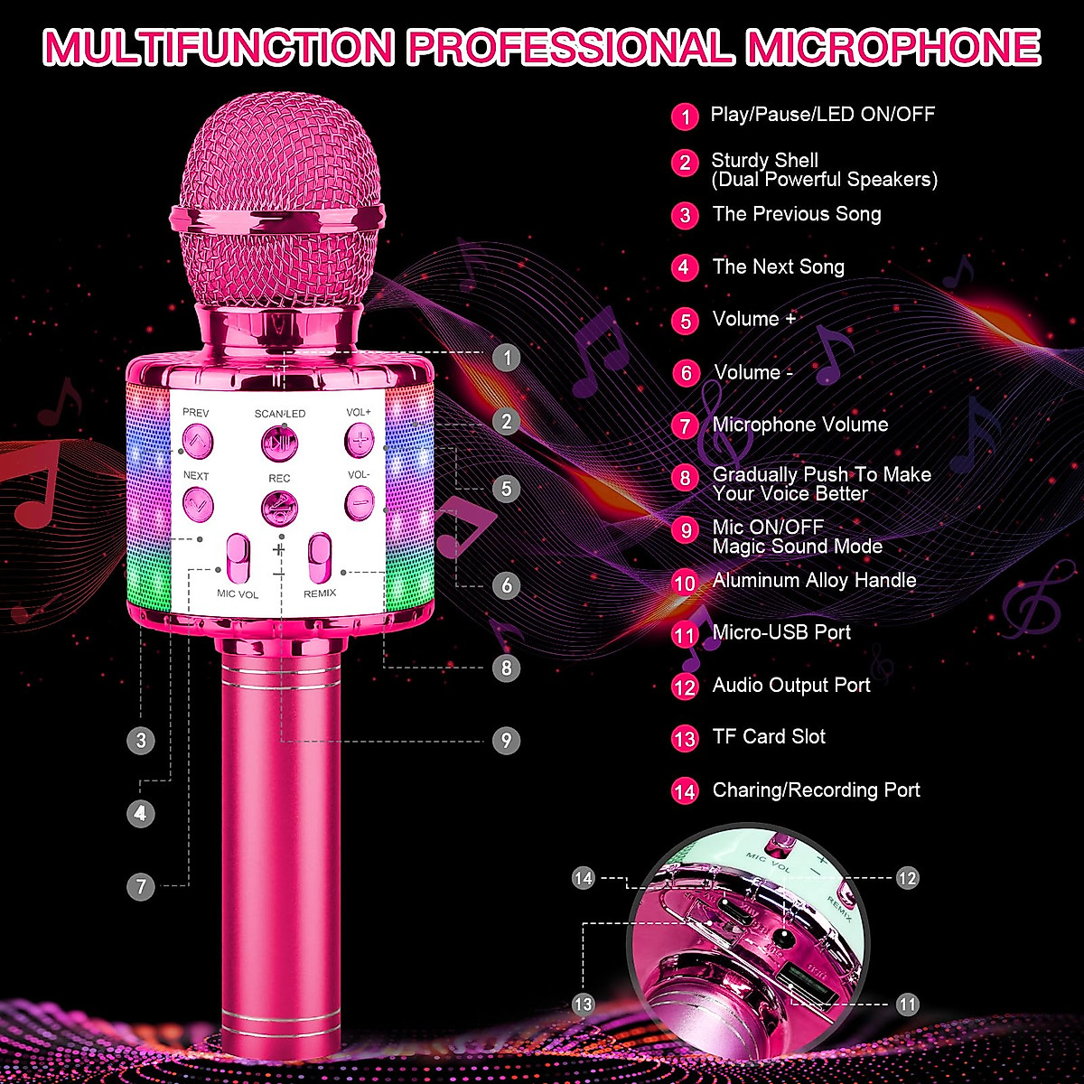 ShinePick Karaoke Microphone, 4 in 1 Wireless Microphone with LED Lights Handheld Portable Karaoke Machine, Home KTV Player, Compatible with Android & iOS Devices(Purple)