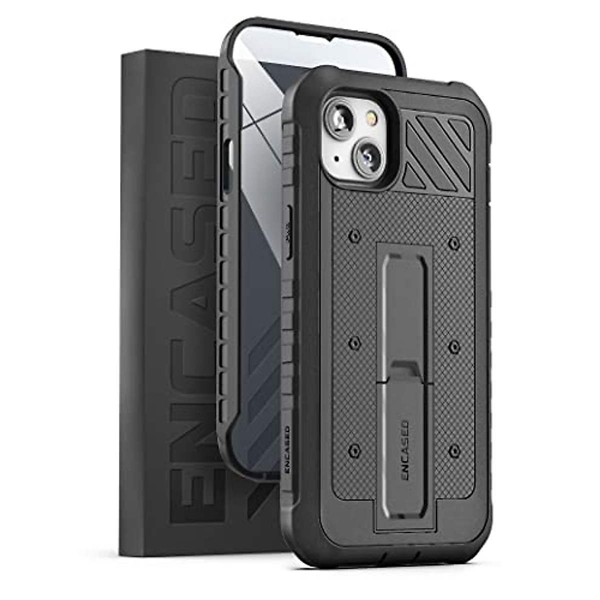 Encased Pantera Series for iPhone 14 Case with Built-in Screen Protector - Rugged Protective Full Cover (Black)