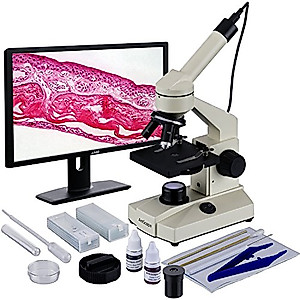 AmScope M100C-LED-SP14-E 40X-1000X Student Biological Field Microscope with LED Lighting + Camera + Slide Preparation Kit