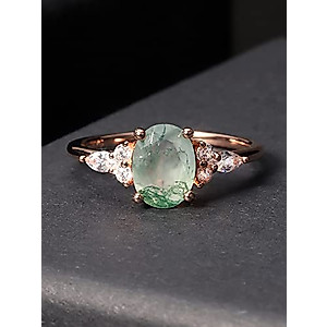 Women Gifts Natural Oval Green Moss Agate Rose Gold Engagement Ring Sterling Silver Women's Gold Rings Moss Agate Jewelry(Size8)