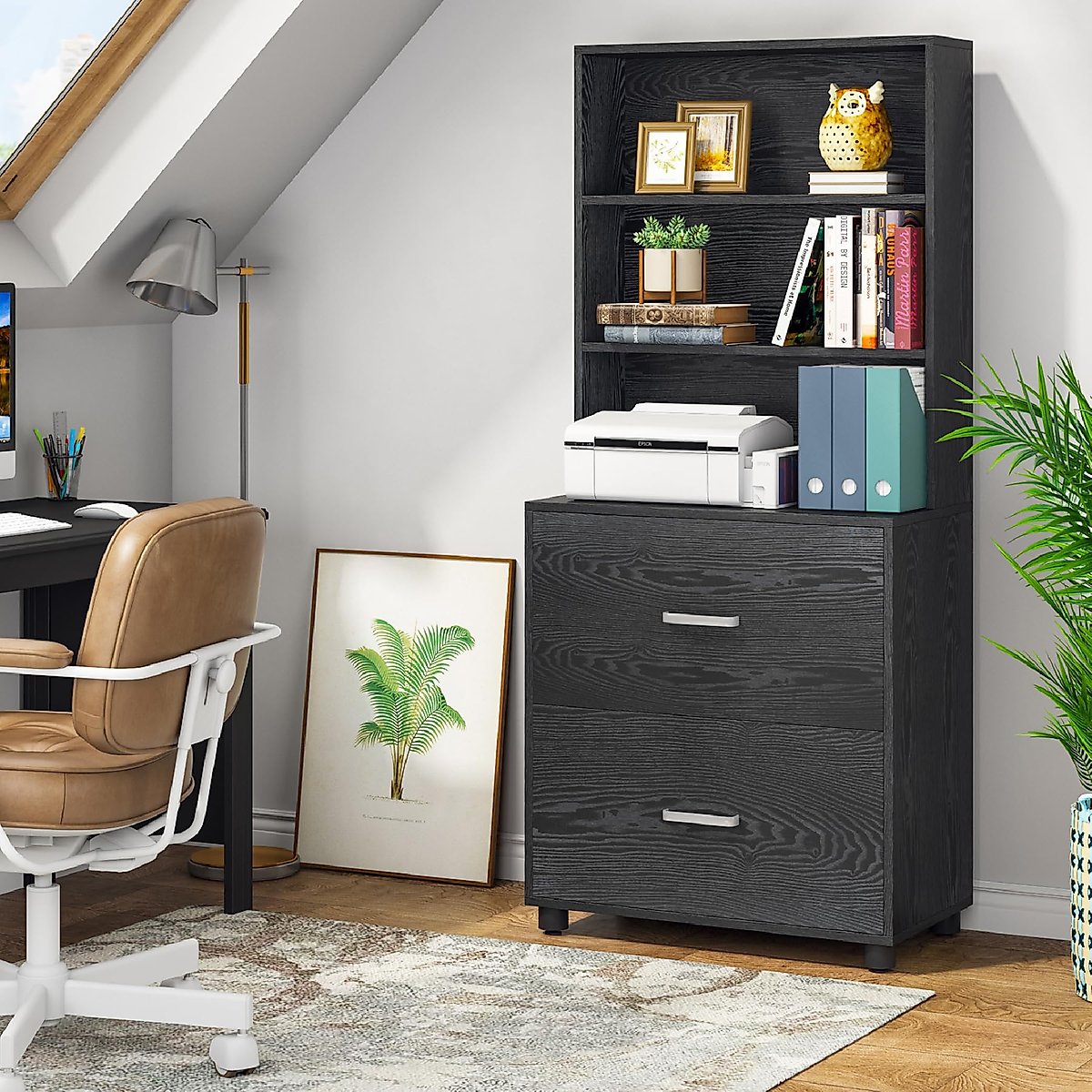 Tribesigns Vertical File Cabinet Modern Wood Filing Cabinet with 2 Large Drawer fit Letter/A4 Size, Large Printer Stand with 4 Open Storage Bookshelves for Home Office, Black