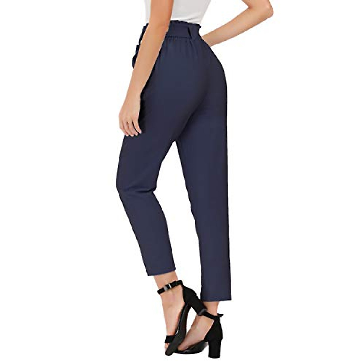 GRACE KARIN Women's Pants Trouser Slim Casual Cropped Paper Bag Waist Pants Navy Blue M