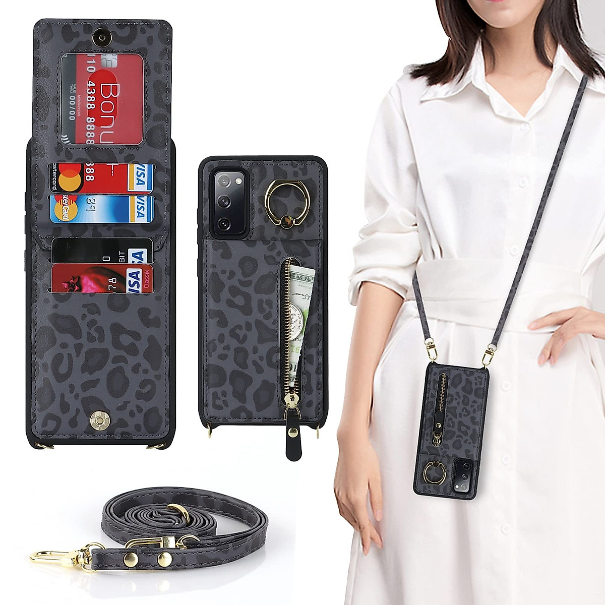 Jaorty for Samsung Galaxy S20 FE 5G Phone Case for Women with Card Holder,Galaxy S20 FE Case Wallet Crossbody Lanyard with Strap,Credit Card Slots Kickstand Case with Ring Holder,6.5",Black Leopard