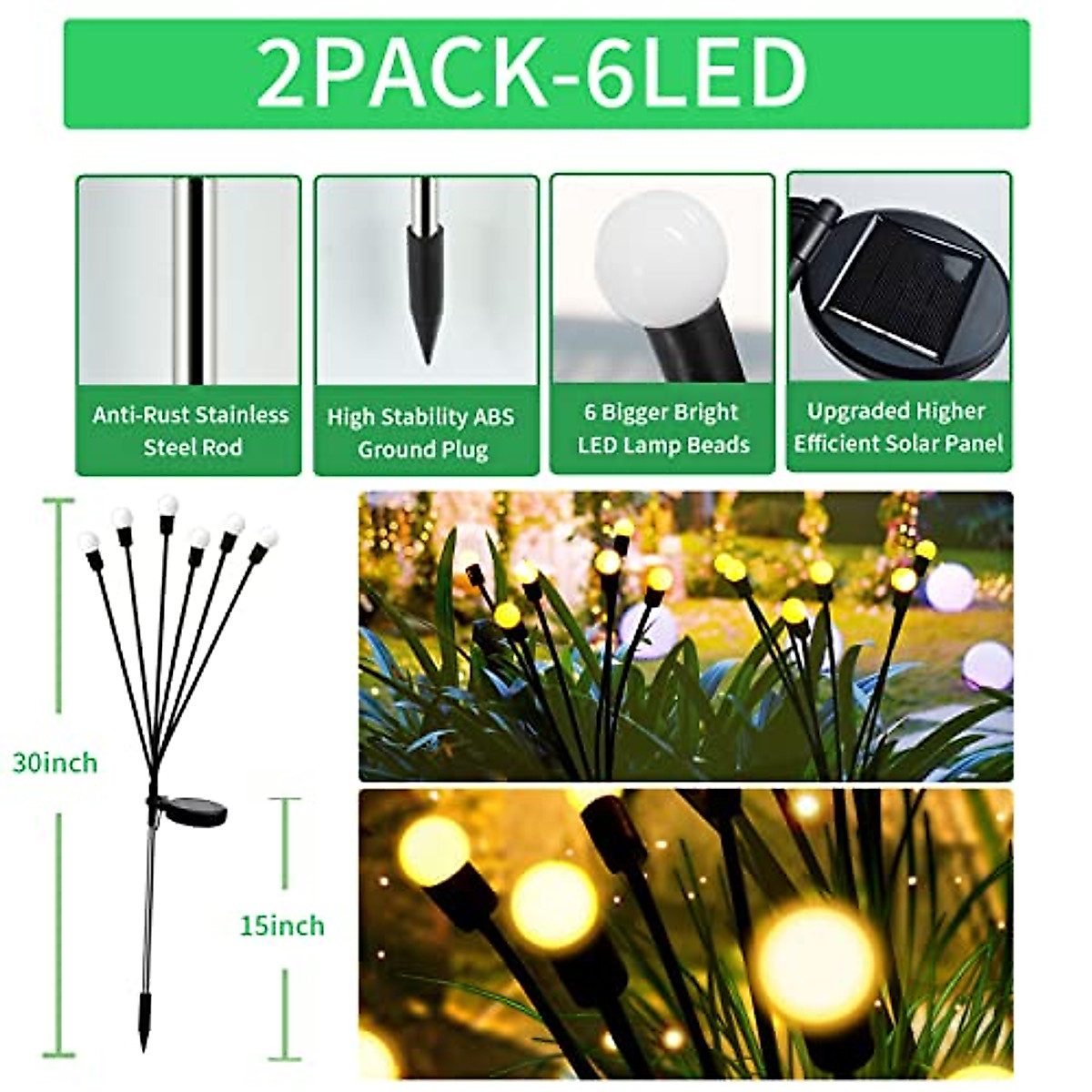 Vibera Solar Garden Lights 6 LED Firefly Lights Solar Outdoor Waterproof Solar Powered Outdoor Lights Decorative for Garden Swaying Solar Garden Lights Decorative for Pathway Patio Yard（2pack）