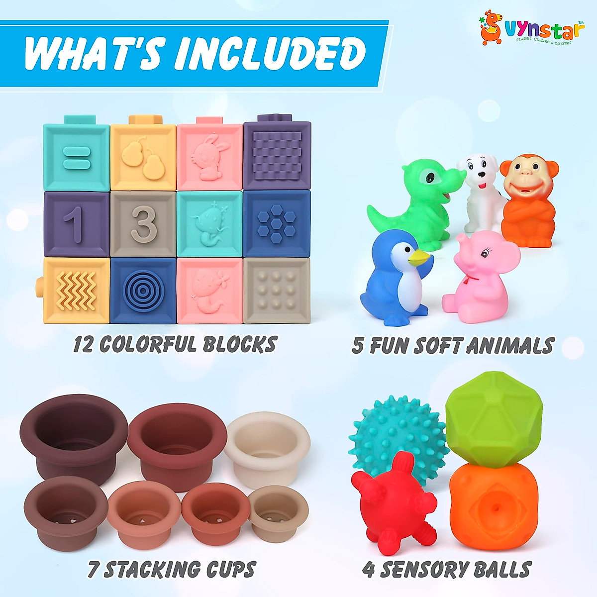 Vynstar Montessori Toys for Babies 6-12 Months & Up - 28-Piece Set of Silicone Baby Sensory Toys for Learning & Development - 4-in-1 Bundle of Baby Blocks, Stacking Cups, Sensory Balls, Soft Animals