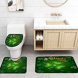 Singingin St. Patrick's Day Bathroom Sets with Shower Curtain and Rugs Green Clover Shower Curtain Sets with Rugs,Toilet Lid Cover and Bath Mat,Non-Slip Rugs and Waterproof Bath Curtain with Hooks