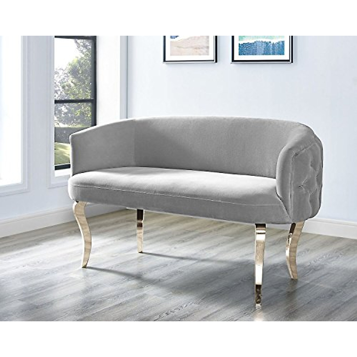 Tov Furniture The Adina Collection Contemporary Living Room Velvet Upholstered Loveseat, Grey with Gold Legs