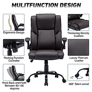 Executive Office Chair, Leather Office Chair, Adjustable Ergonomic High Back Office Chair with Flip-up Armrests, Executive Desk Chair Swivel Rolling Computer Chair with Lumbar Support (Brown)