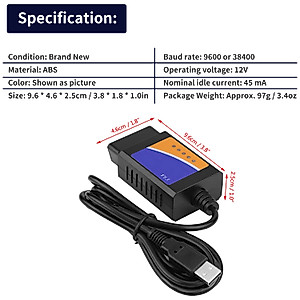OBD2 Diagnostic Cable Interface Scanner, Keenso OBD2 USB Cable Car USB Connector V1.5