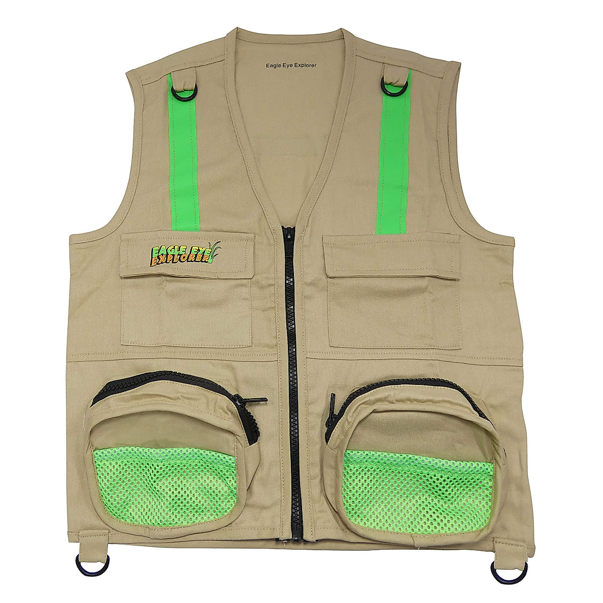 Eagle Eye Explorer Multi-Piece Set Cargo Vest with Reflective Safety Straps, 1 8x21 Magnification Binoculars and Safari Hat for Boys and Girls (Small/Medium, Tan and Green)