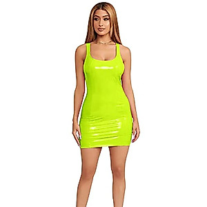 ANKOMINA Women Sexy PU Leather Bodycon Dress Sleeveless Low Cut Back Zipper Mini Dress Party Club Dresses Fluorescent Green