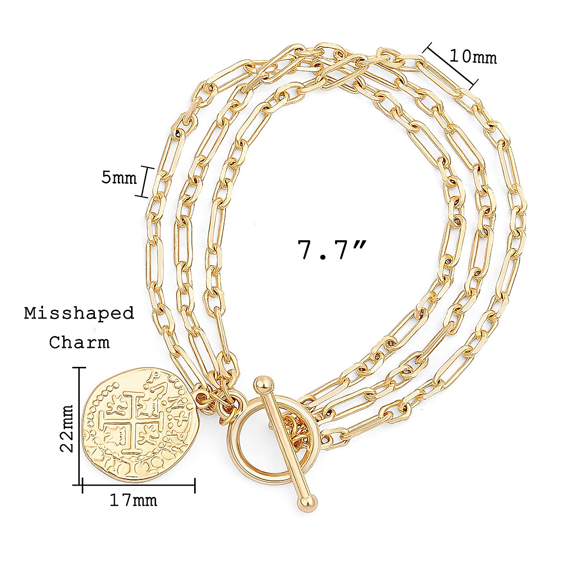 PEARLADA 3-Row 18K Gold Chain Bracelet Dainty Cross Medallion Charm Bracelet OT Toggle Bangle Handmade Stacking Layering Jewelry Fashion Long and Short Oval Link Bracelet for Her