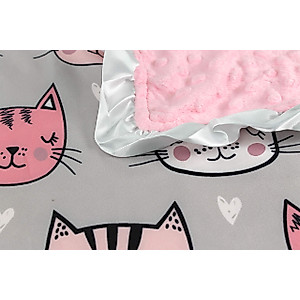 Baby Blanket - Kitty Cats on Grey with Pink Minky Dot and Satin Ruffled Edge