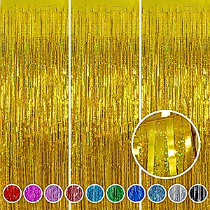 Foil Fringe Curtains Party Decorations - Melsan 3 Pack 3.2 x 8.2 ft Tinsel Curtain Party Photo Backdrop for Birthday Party Baby Shower or Graduation Decorations Gold