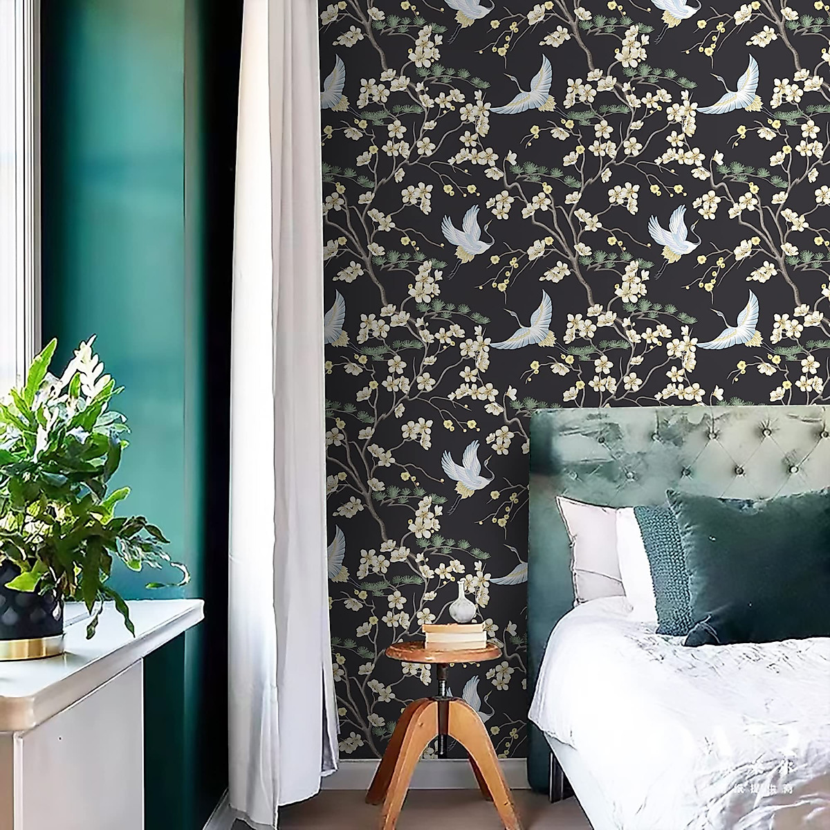 Micpolo Peel and Stick Wallpaper Black Floral Contact Paper Flowers and Birds Wall Paper Self Adhesive and Removable 16.1"x78"