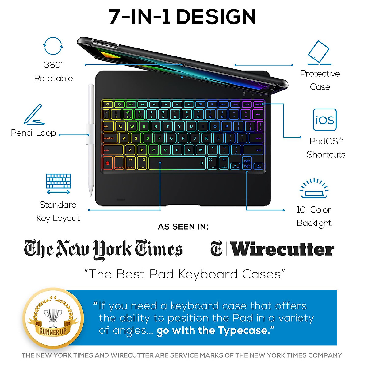 iPad Keyboard Case for iPad 2018 (6th Gen) - iPad 2017 (5th Gen) - iPad Pro 9.7 - iPad Air 2 & 1 - Thin & Light - 360 Rotatable - Wireless/BT - Backlit 10 Color - iPad Case with Keyboard (Black)