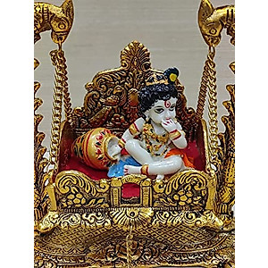 LAXMI Craft Lord Krishna Jhula Singhasan Indian Traditional Handicraft Antique Look Temple Arch/gate Design, Laddu Gopal Sofa with Jhula,Brass,17 x 10 x17 Cm (Metal JULLA with MARBAL Krishna)