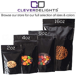 CleverDelights Glossy Black Window Stand Up Pouches - 4oz - 100 Pack - 5" x 8" x 2.5" - Resealable Bag