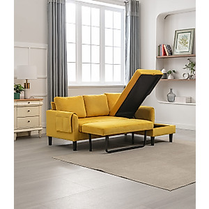 RXRRXY Sectional Sleeper Sofa Bed with Convertible Storage Chaise Lounge, Upholstered L-Shaped Pull Out Sofa Couch Bed with Side Pocket and 3 Removable Pillows for Living Room, Apartment (Yellow)