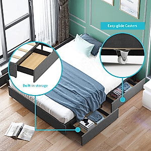 CECER Bed Frame with 4 Storage Drawers, Cotton Linen King Size Platform Bed Frame with Wood Slat Support/No Box Spring Needed/Easy Assembly/Under Bed Storage, King Size, Dark Grey