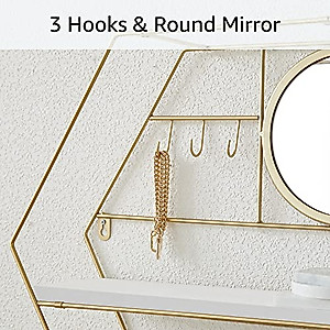 TFER Floating Shelves Wall Mounted Hexagon Wall Shelf Hanging Shelves for Wall Storage Rustic Wood Wall Shelves for Bedroom, Living Room, Bathroom, Kitchen, Office, with Mirror and Hooks (Gold)