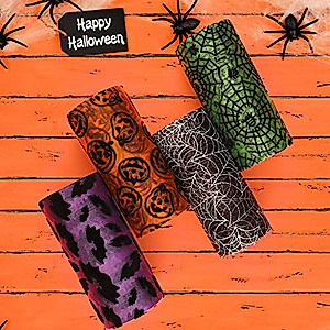 120 Feet/ 4 Rolls Halloween Glitter Tulle Rolls Spider Web Pattern Tulle Ribbon Pumpkin Bat Printed Tulle Rolls Shimmer Tulle Netting Roll for Wreath Making Supplies Halloween decoration, 5 Inch Wide.