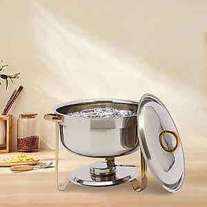 Choice 14.2 Qt Deluxe Round Gold Accent Soup Chafer - High-Capacity Stainless Steel Chafing Dish with Fuel Paste Container, Detachable Lid and Pot, U-Shaped Handles, Perfect for Buffets