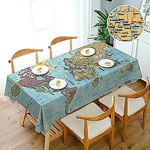 Swono World Map Rectangle Tablecloth Vintage Global Political Map Durable Table Cloth Dining Table Cover for Home Kitchen Restaurant Party Buffet Picnic, 50x72 Inch, Blue