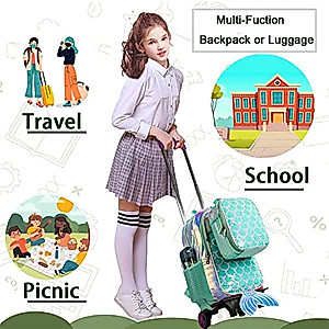 Meetbelify Rolling Backpack for Girls Mermaid Luggage Magic Sequin Suitcase Wheels Trolley Trip Laptop Backpack with Lunch Box for Teen Girls Students