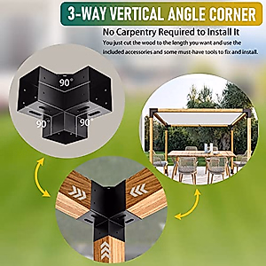 4x4 Pergola Brackets 3-Way 90° Right Angle Corner Extension Bracket Woodworks DIY Pergola kit with Black Powder Coated,Modular Sizing Pergola/Gazebo Hardware for 4x4 inches Lumber(4PCS)……