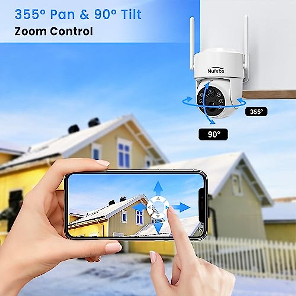 NUFEBS Security Camera 2K/4MP Wireless Outdoor with Solar Panel 355°PTZ 2.4G WiFi Waterproof Surveillance Motion Dection Spotlight/Siren, Color Night Vision，2 Way Audio，SD Card Slot/Clound (White)