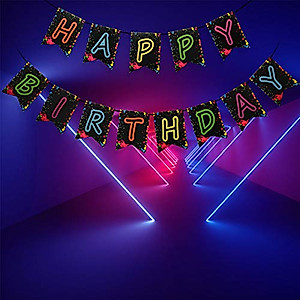 Glow Party Happy Birthday Banner Decoration（Already Assembled）, 80s Birthday Banner Glow Party Decorations, Glow in the Dark Party Supplies, Neon Party Birthday Decorations