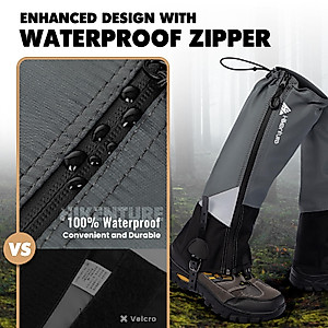 Hikenture Leg Gaiters with Waterproof Zipper, Ultra Anti-Tear Gaiters for Hiking, Waterproof Boot Gaiters for Men Women, Adjustable Shoe Gaiters for Hunting, Breathable Snow Gaiters for Boots (Medium)