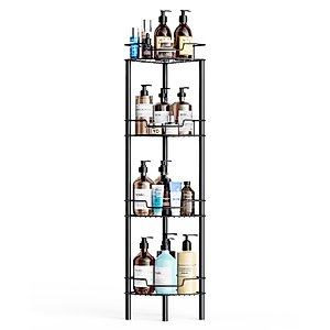 Detukna Corner Shower Caddy, 4 Tier Rustproof Shower Organizer Shelf for Bathroom Shampoo Storage, Waterproof Stainless Steel Floor Corner Stand Rack for Bathroom Balcony Kitchen, No Drilling, Black…