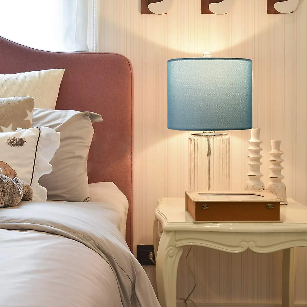 Wellmet 16"x16"x12" Assembly Required Lampshade for Table Lamp, Bedside Lamp, Floor Lamp, Fabric Drum Lampshade Classic Modern Style, Spider Fitter, Blue