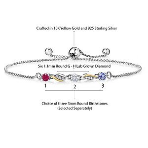 Gem Stone King 925 Silver and 10K Yellow Gold Customized and Personalized 3-Stone 3MM Round Gemstone Birthstone and White Lab Grown Diamond Tennis Bracelet For Women