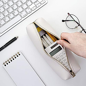 DOBMIT PU Pencil Pen Case Portable Stationery Bag Big Capacity Pencil Pouch Cosmetic Organizer Bag for Student Girl or Boy- Beige