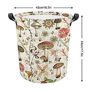 Mushroom Garden Storage Basket Bin, Round Laundry Bakset Hamper Collapsible Nursery Bin with Handle for Clothes Toys Books Home Decor