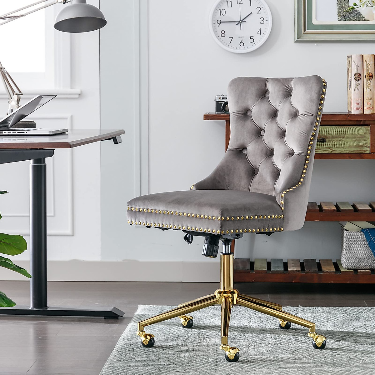 i-POOK Swivel Shell Office Chair, Velvet Upholstered Tufted Button Home Office Chair with Golden Metal Base and 5 Wheel, Adjustable Desk Chair Swivel Task Chair for Living Room Bedroom, Gray