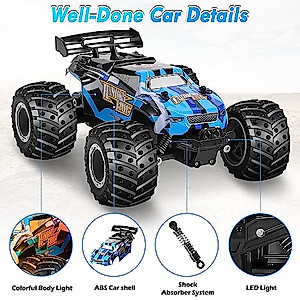 HENEROAR Remote Control Car, Remote Control Truck, 2.4Ghz All Terrain Off-Road Monster Truck, 20 KM/H Rc Cars with LED Bodylight and 2 Rechargeable Batteries Toys for Boys Age 4-7 8-12