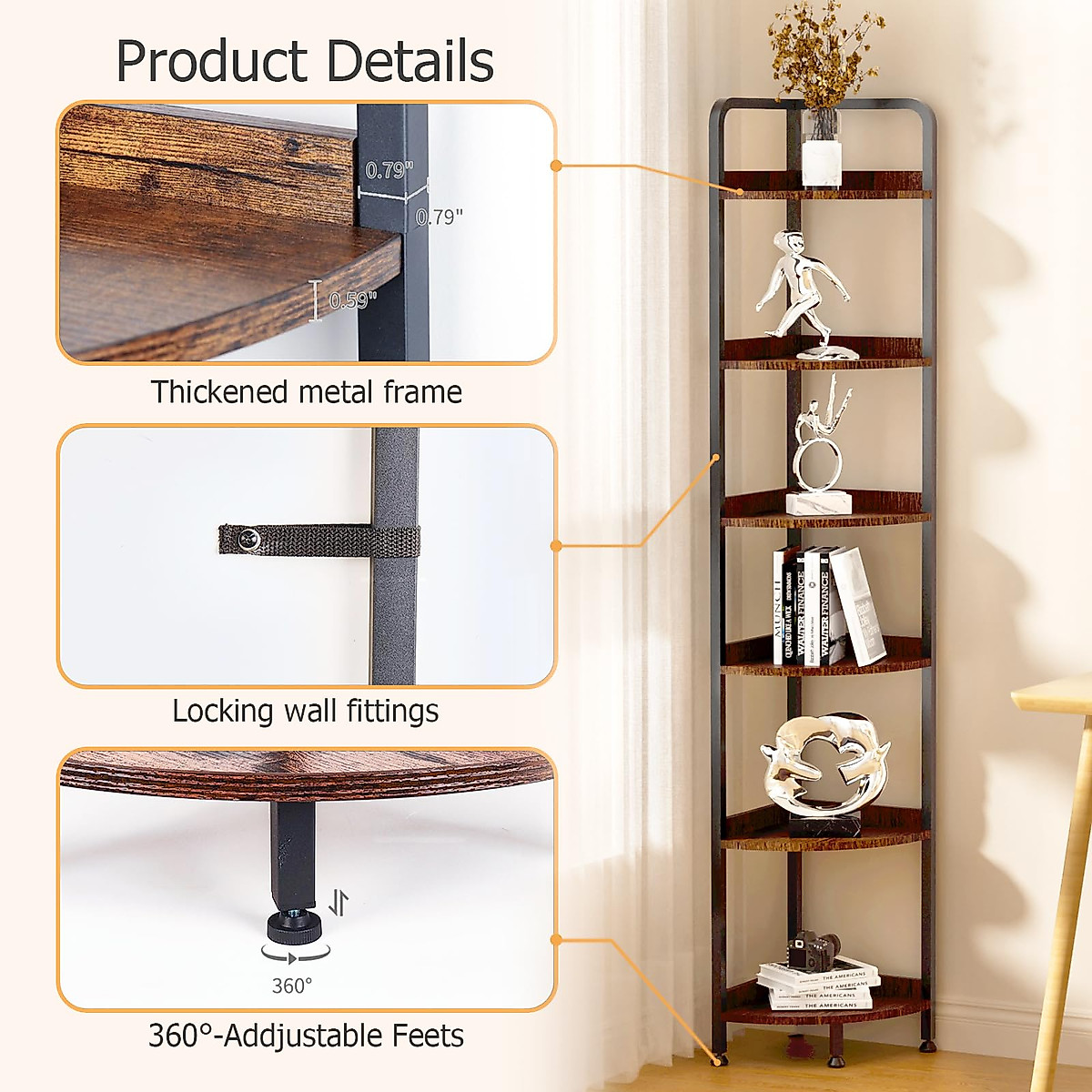 ousamili Corner Shelf Stand, 6-Tier Corner Bookshelf, Corner Plant Stand with Metal Frame Multi-Purpose Display and Storage Unit for Living Room, Home Office, Rustic Brown (6 Tier)