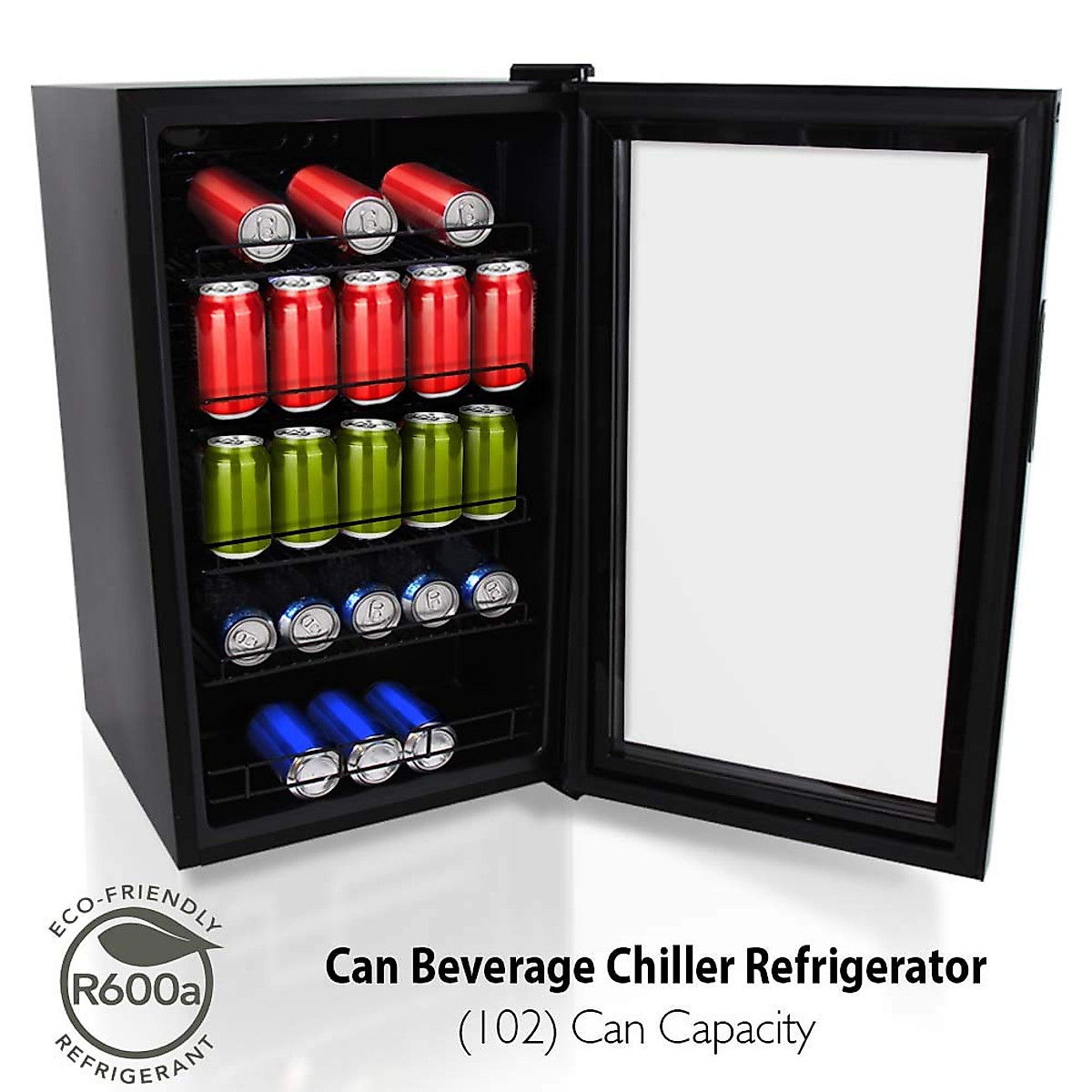 NutriChef PKTEBC80.5 18.69 Gallon Freestanding/Kitchen Countertop Black Electric Center Cooler Soda Beer Refrigerator w/Built-in Fan, Clear Glass Door 132-Can Canned Beverage Mini Fridge
