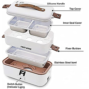 Focs Hoek Electric Lunch Box, Portable Heating Electric Lunch Box, 0.8L/110V With Spoon and Fork Insulation Bag, Suitable for Home School Office Workplace Travel(ONLY THE WALL PLUG) (White)