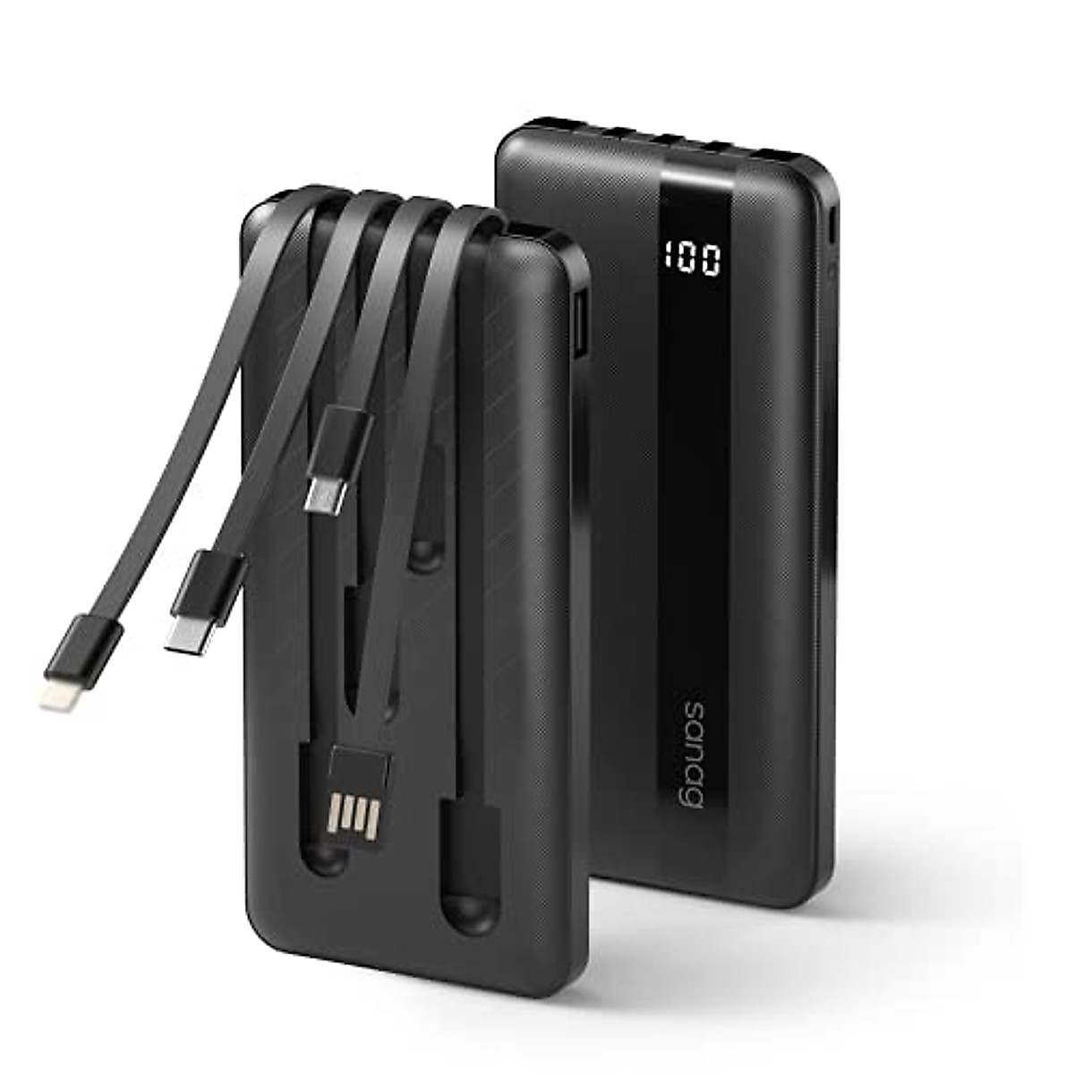 Portable Charger,SANAG 10000mAh Power Bank Built-in USB C/Micro USB Cables,LCD Display Ultra Slim Fast Charging External Phone Battery Pack Compatible with iPhone iPad Samsung Pixel and More