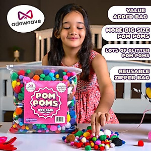 Adeweave 1000 Assorted Craft pom poms – Multicolor Bulk pom poms Arts and Crafts, Pompoms for Crafts in Assorted Size- Soft and Fluffy Puff Balls, Large Colored Cotton Balls for Home and School