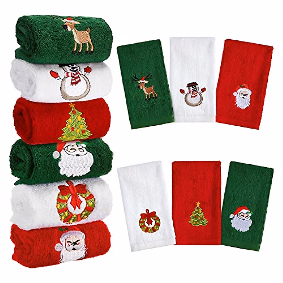 6 Pieces Christmas Decorative Hand Towels Embroidered Santa Reindeer Snowman Christmas Tree Dish Towels Soft Green Red White Fabric Bathroom Towels for Home Kitchen Bathroom Cleaning (Classic Style)