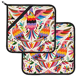 Pot Holders Mexican Floral Ethnic Art Birds Paisley Square Heat Resistant Kitchen Potholder Set of 2 for Cooking Baking BBQ Oven Hot Pads Oven Mitts 8 X8 Inch