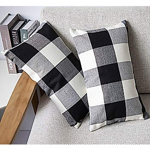 4TH Emotion Set of 2 Farmhouse Buffalo Check Plaid Throw Pillow Covers Cushion Case Polyester Linen for Fall Home Decor Black and White, 12 x 20 Inches